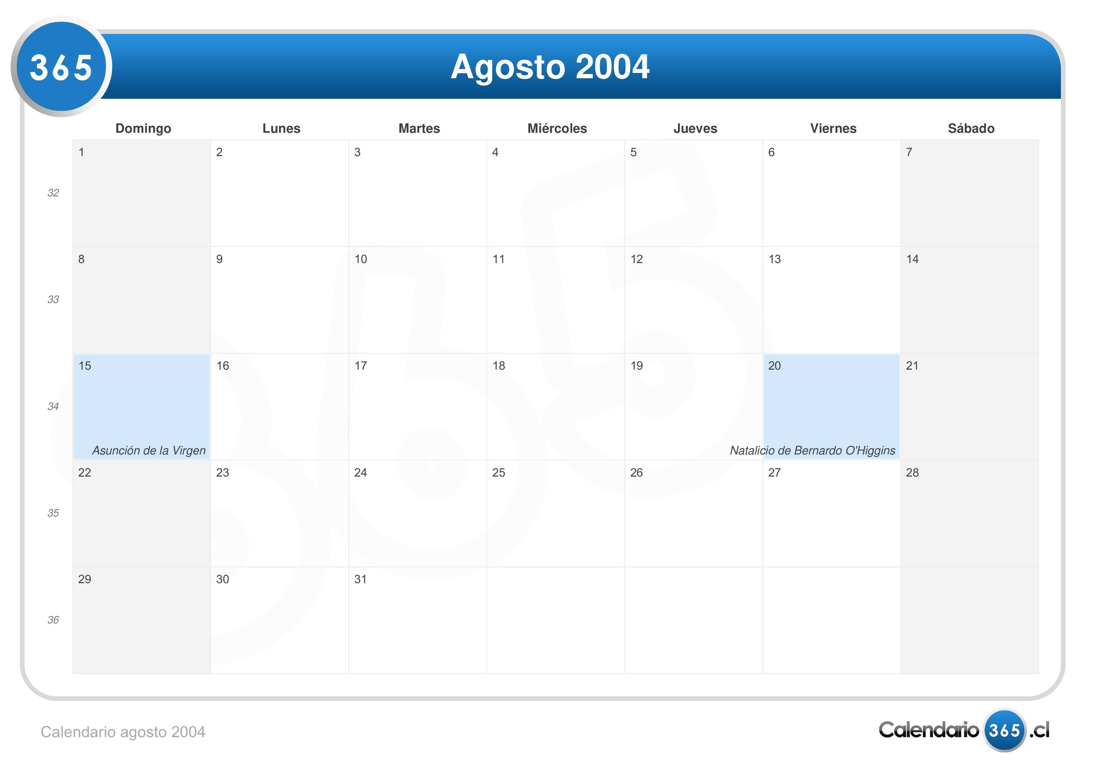 Calendario agosto 2004
