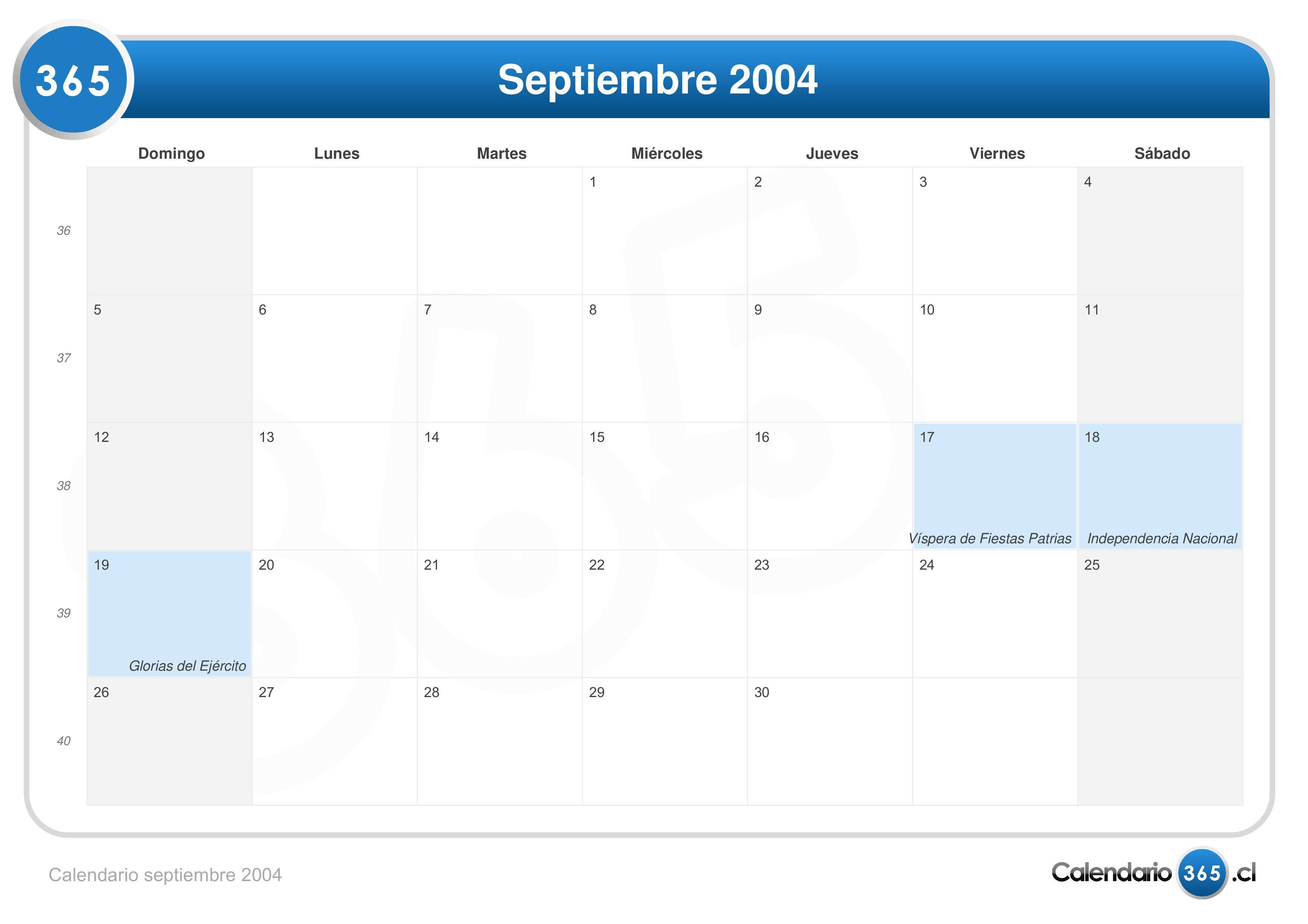 Calendario septiembre 2004